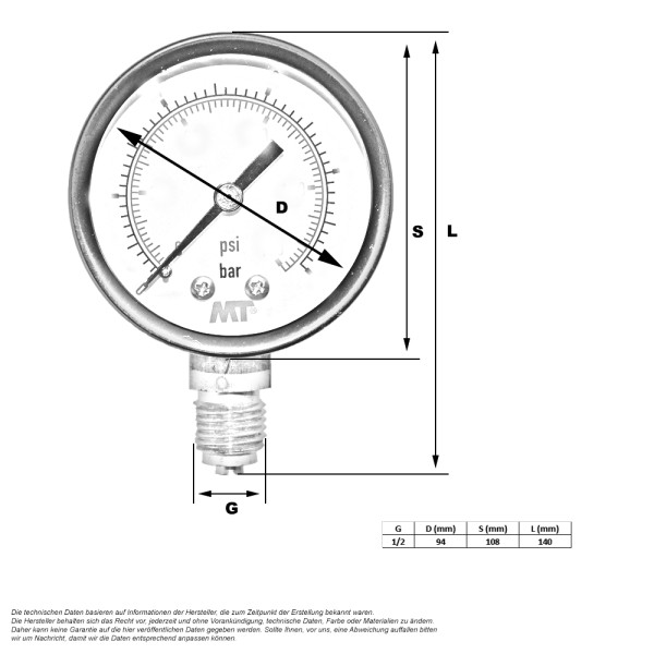 Manometer 100mm Standard 0 - 100 bar, 13,98
