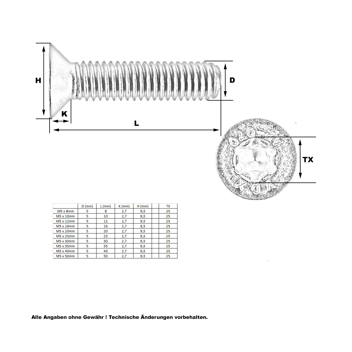 Senkkopf Schraube Torx M5 x 10mm (A2 - ISO14581), 0,08