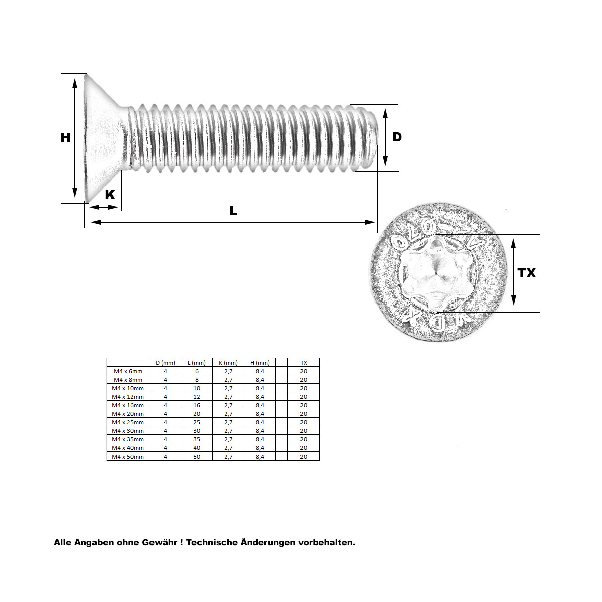 100 Stk. Senkkopf Schraube Torx M4 x 20mm (A2 - ISO145, 2,63