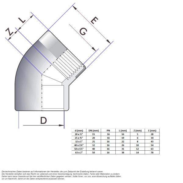 PVC Winkel 45 Grad Klebmuffe x Innengewinde, 1,75